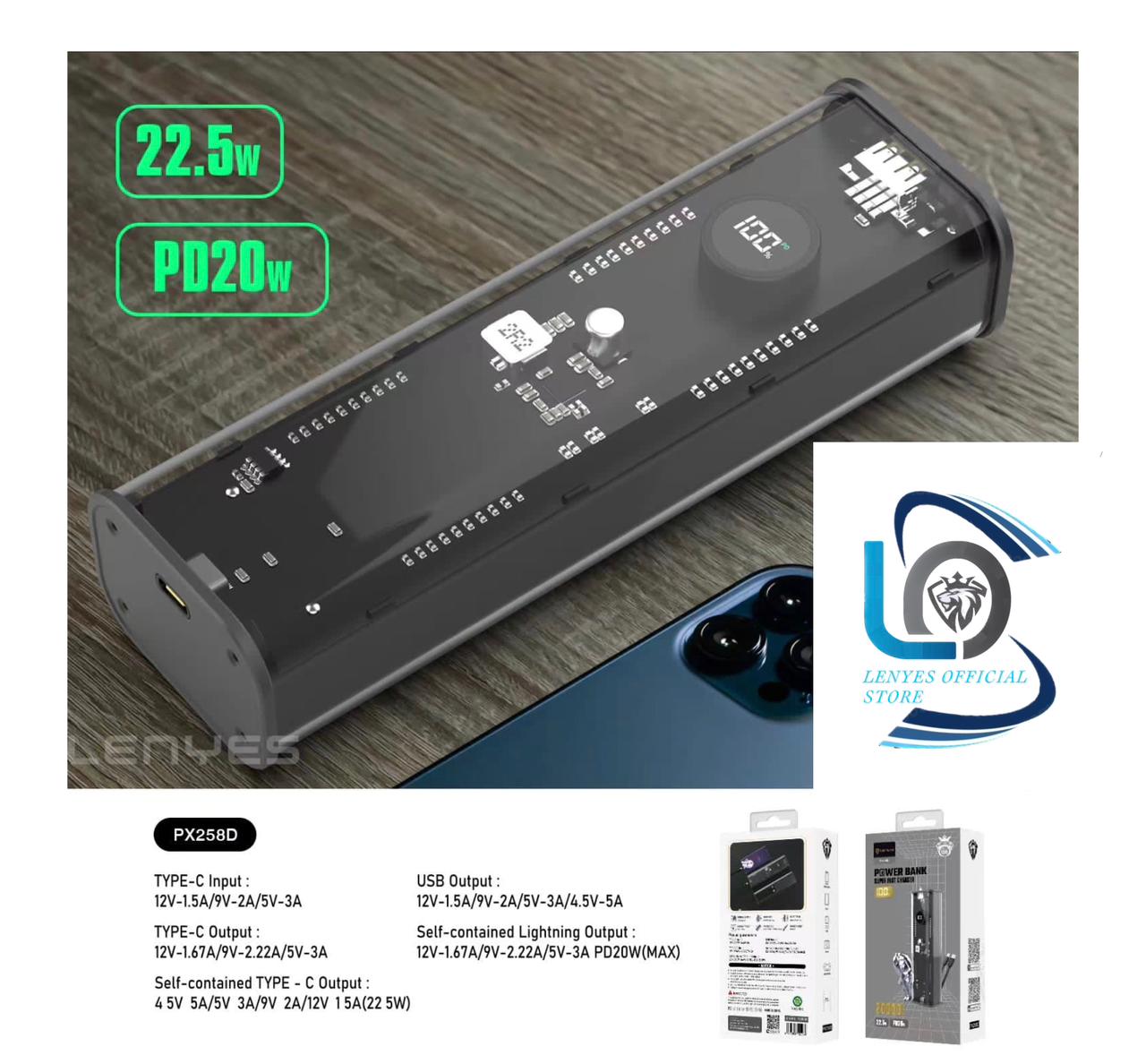 LOS - Powerbank LENYES PX258D Powerbank 20000mAh 22.5W + PD20W ...