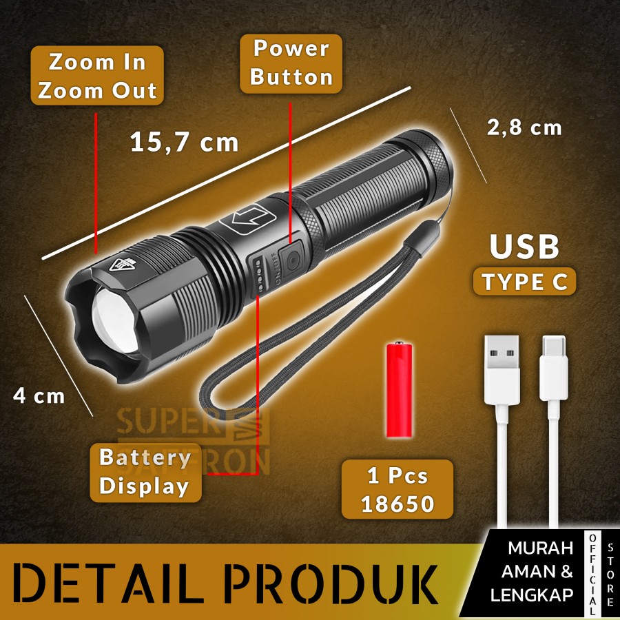 Senter USB Super Terang Type C Brighty Flashlight XHP50 Tahan Air ...