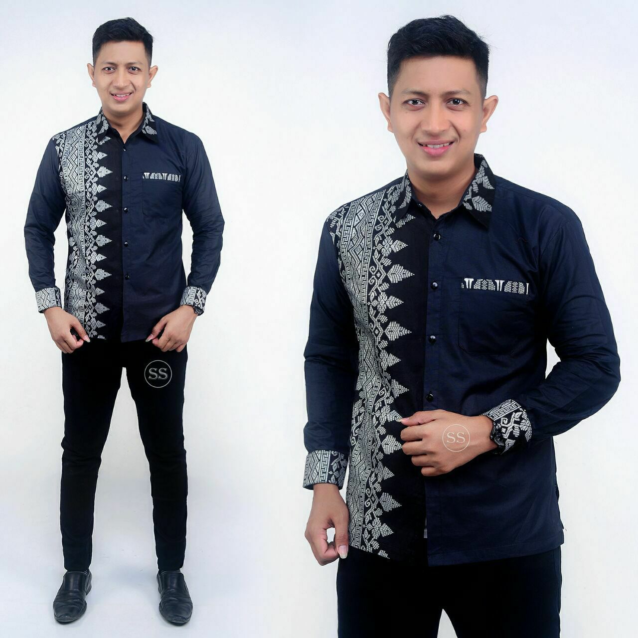 Kemeja Batik Kombinasi Polos Lengan Panjang Baju Batik Kombinasi ...