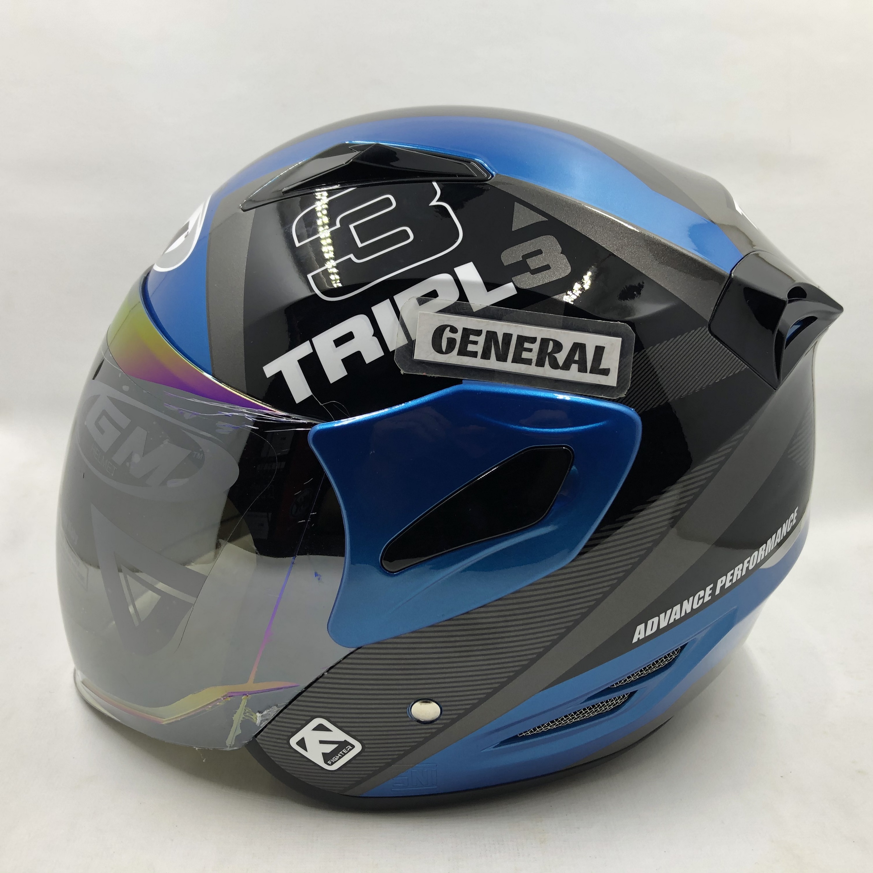 Helm GM Fighter Motif Triple Blue Metalic Silver Biru Half Face ...
