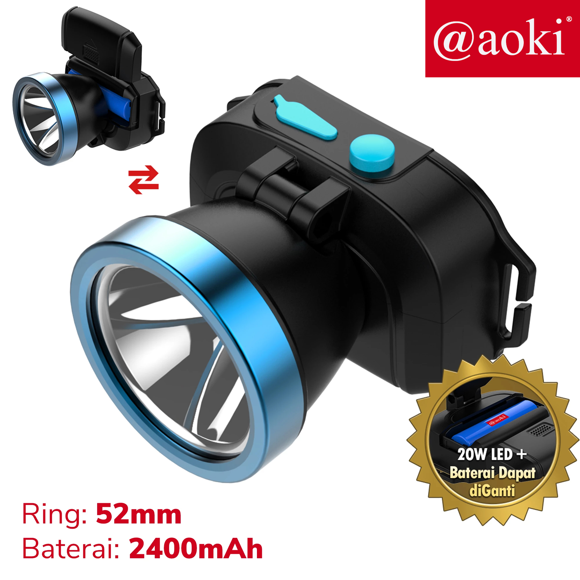 AOKI Senter Kepala 15W 20W baterai lithium tahan hingga 15Jam | Lazada ...