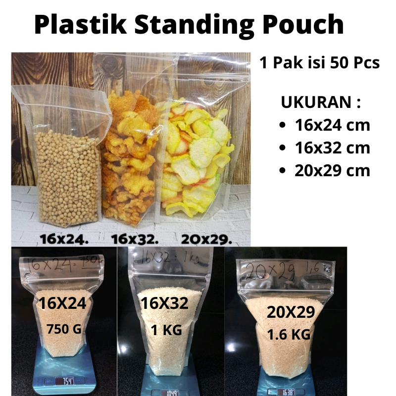 Plastik Standing Pouch 16x24 16x32 20x29 Double Seal isi 50 lembar l ...