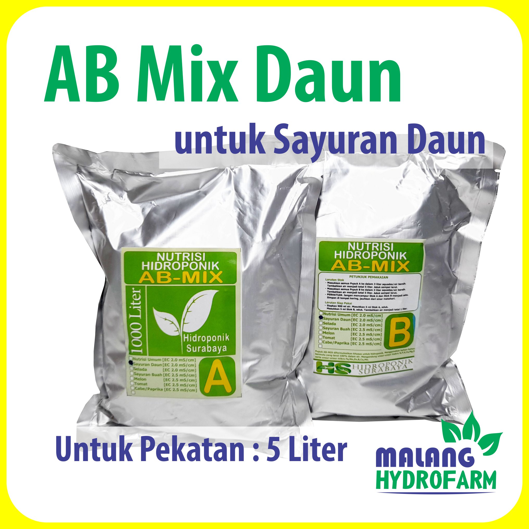 Pupuk AB Mix Daun untuk 1000 Liter / 5 L pekatan Hydroponik Surabaya pertumbuhan hidroponik ...