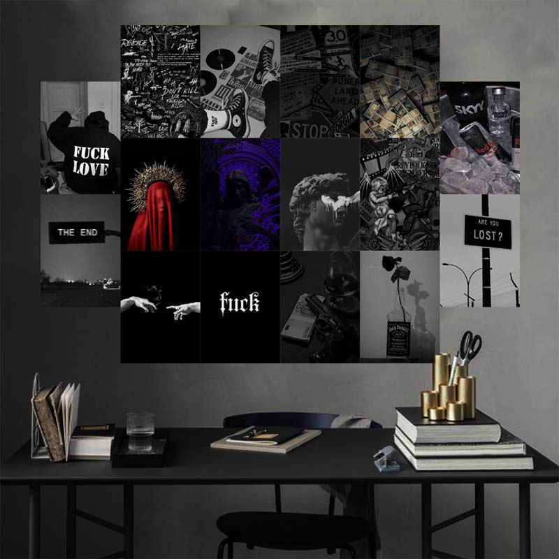 (isi 16pcs) poster dinding aesthetic tema dark black desain premium art ...