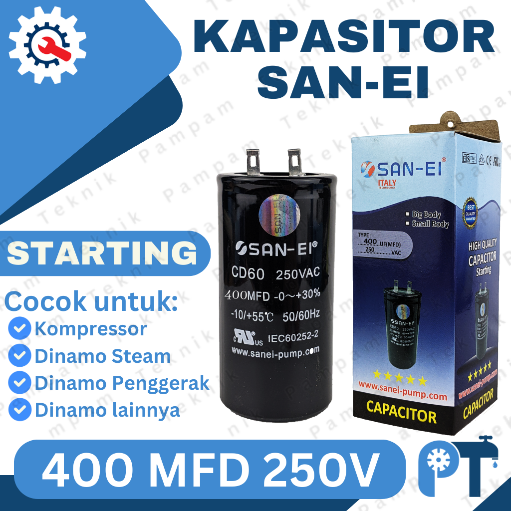 KAPASITOR STARTING 400MFD 250V SAN-EI SOKET CAPACITOR START SANEI 400 MFD 250V CAPASITOR DINAMO ...