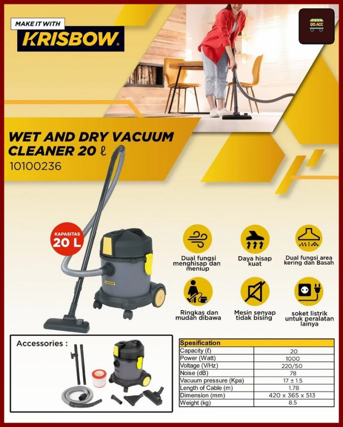 KRISBOW Vacuum Cleaner 20 Ltr Penghisap Debu Kering Basah 1000 Watt ...