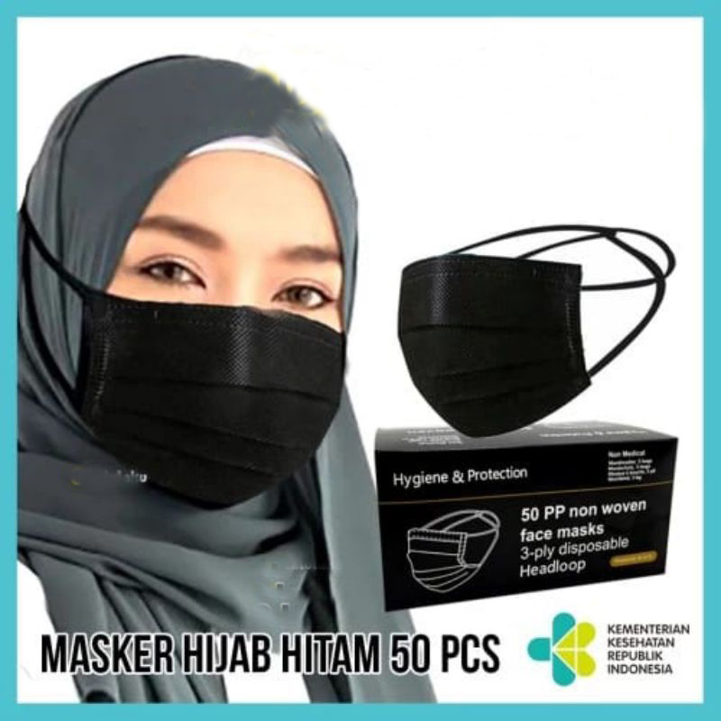 Masker Hijab Hitam 3 Ply Dewasa isi 50 pcs | Masker non Medis HeadLoop ...