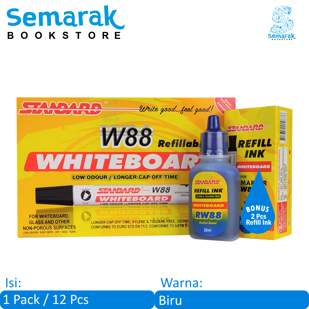 Standard W88 WhiteBoard Marker Spidol Papan Tulis Dapat Dihapus + Refill Ink - Biru [1 Pack / 12 ...