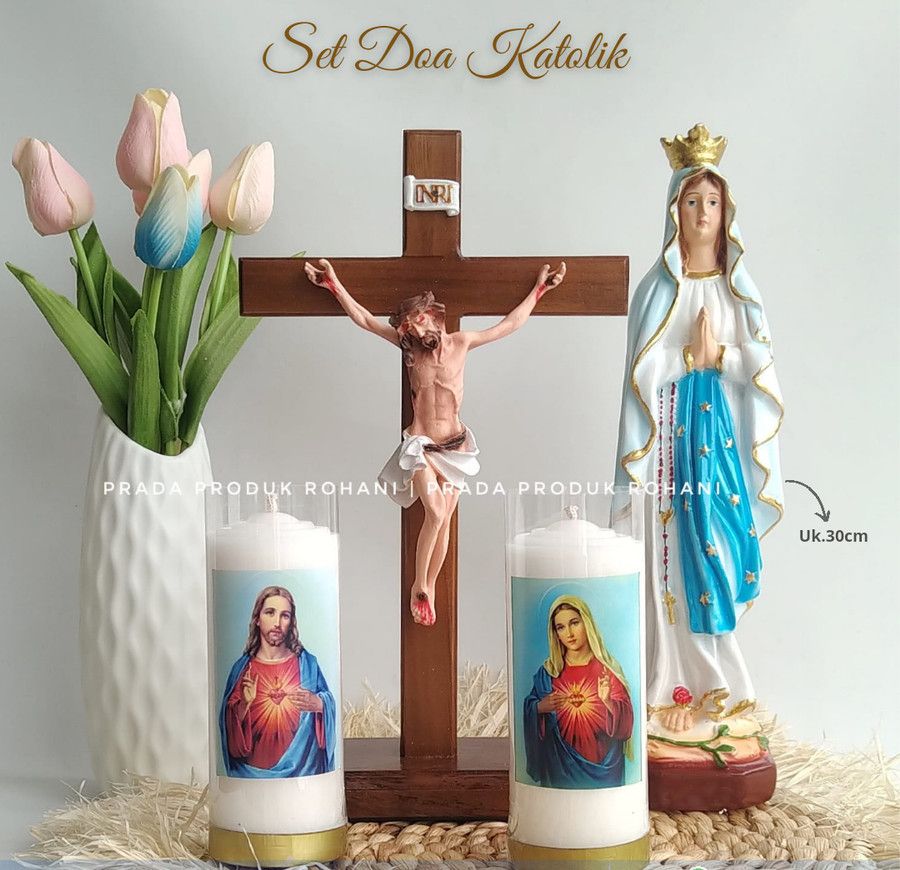 Patung Bunda Maria Lourdes/Salib kayu 30cm/Lilin Doa/Set Doa Katolik ...