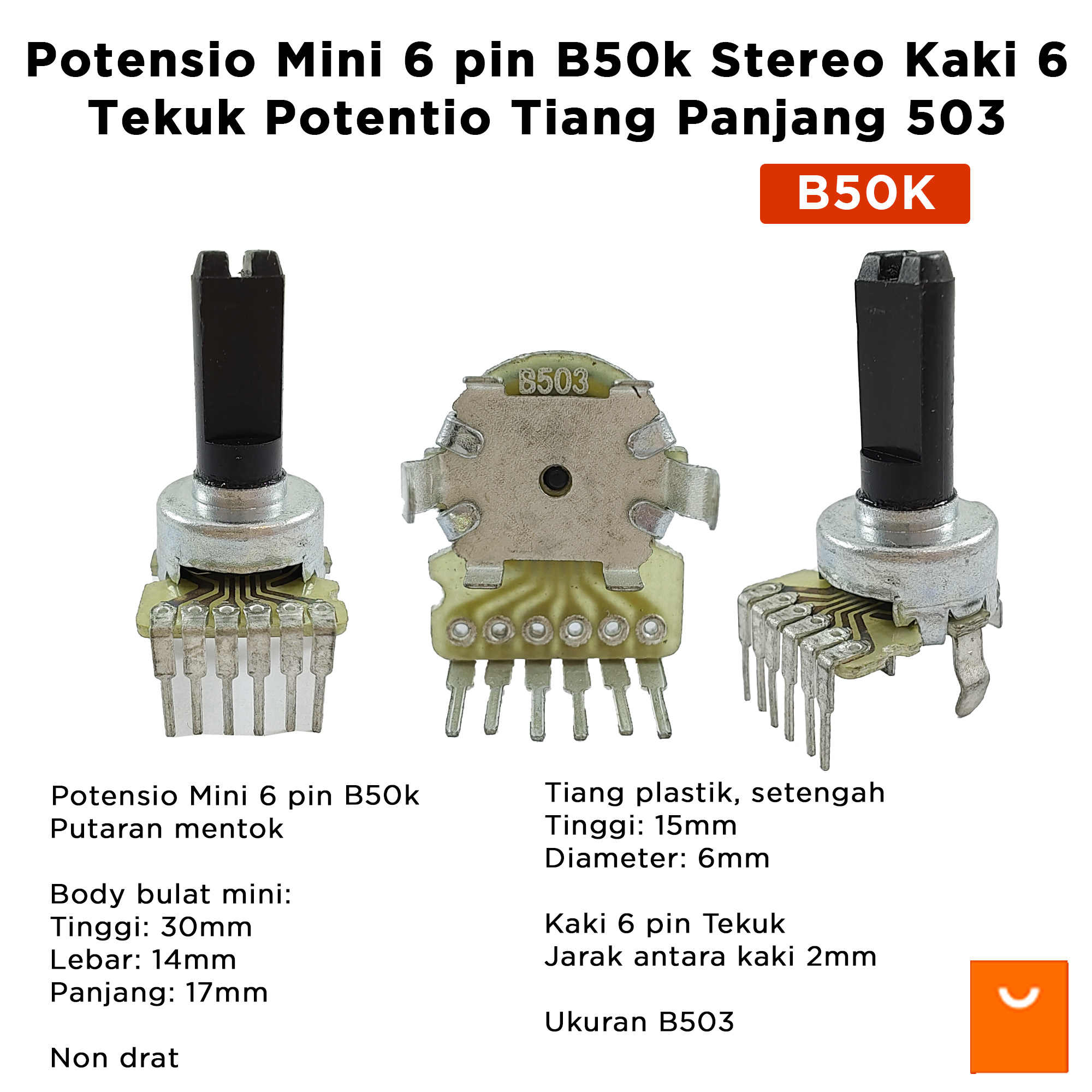 Potensio Mini 6 pin B50k Stereo Kaki 6 Tekuk Potentio Tiang Panjang 503 ...
