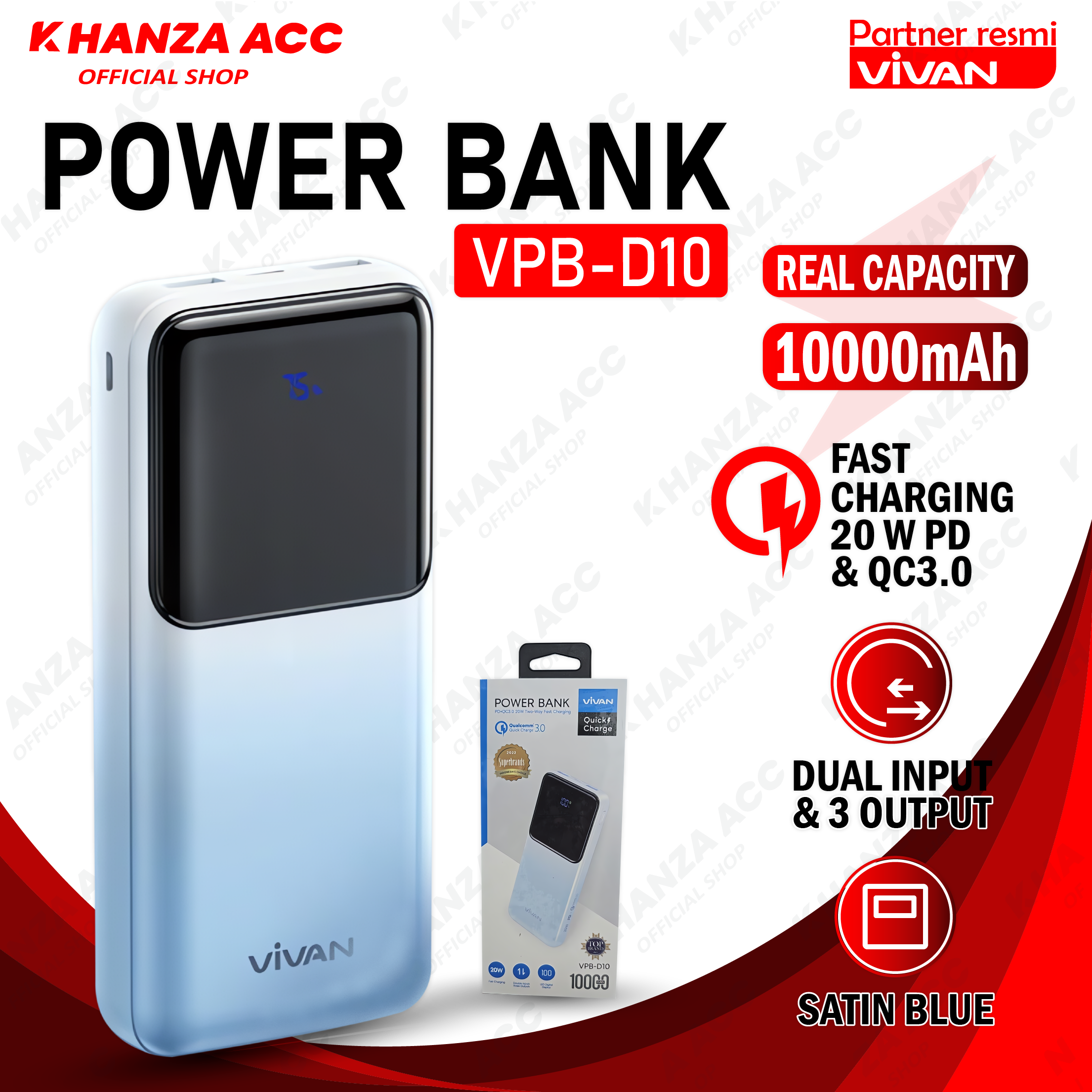 VIVAN VPB-D10 PowerBank 10000mAh Fast Charging QC 3.0 PD 20W 2 Input ...