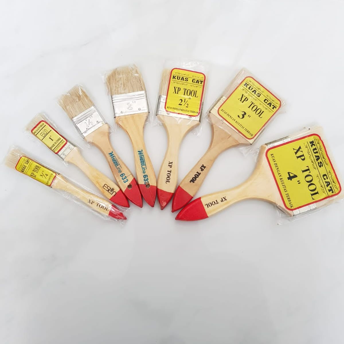 1 BIJI - KUAS CAT 1/2'' 3/4'' 1'' 11/2'' 2'' 21/2'' 3'' 4'' in Bulu Putih Kayu Vernis / Kwas ...