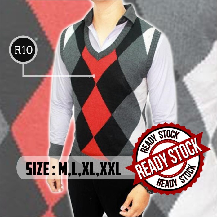 R10 - Rompi Rajut Motif Kotak Merah Abu Hitam | Rompi Rajut Pria ...