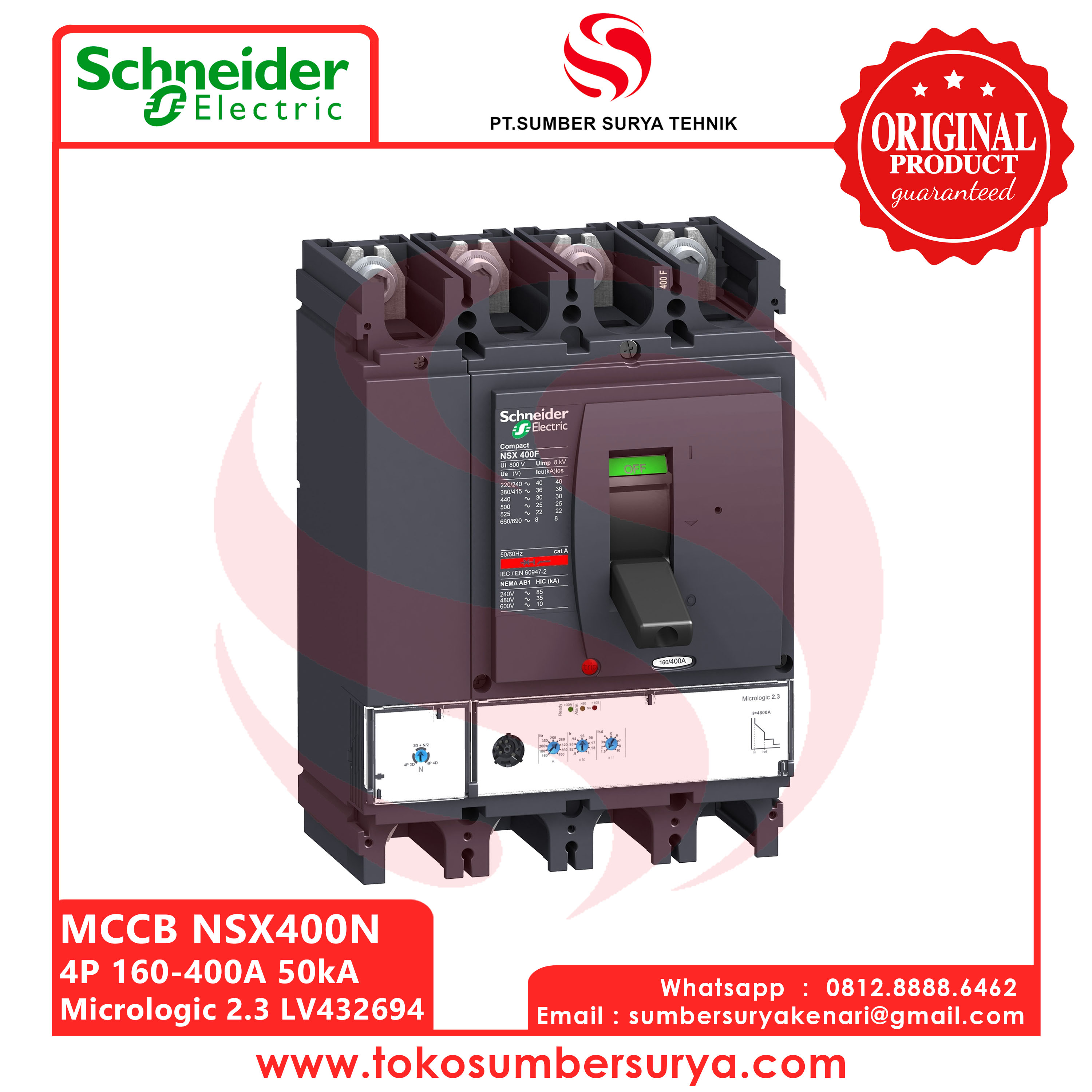 MCCB NSX400N 4P 160-400A 50kA Saklar Listrik ON OFF LV432694 SNI Asli ...