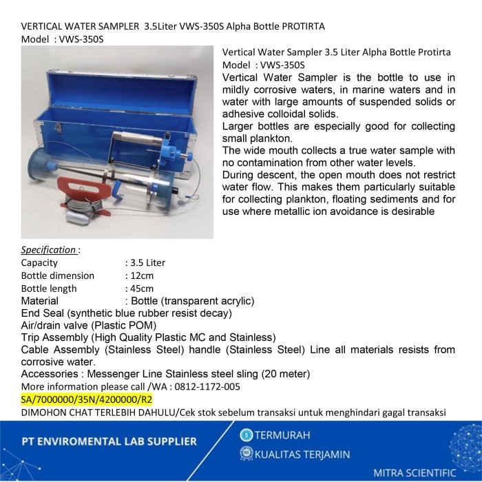 VERTICAL WATER SAMPLER 3.5Liter VWS-350S Alpha Bottle PROTIRTA | Lazada ...