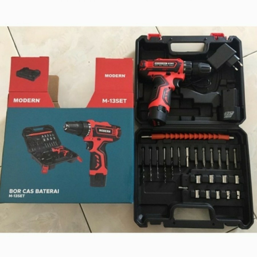 Modern Mesin Bor Cordless / Bor Obeng Baterai Cas M13 Set Koper Lengkap ...