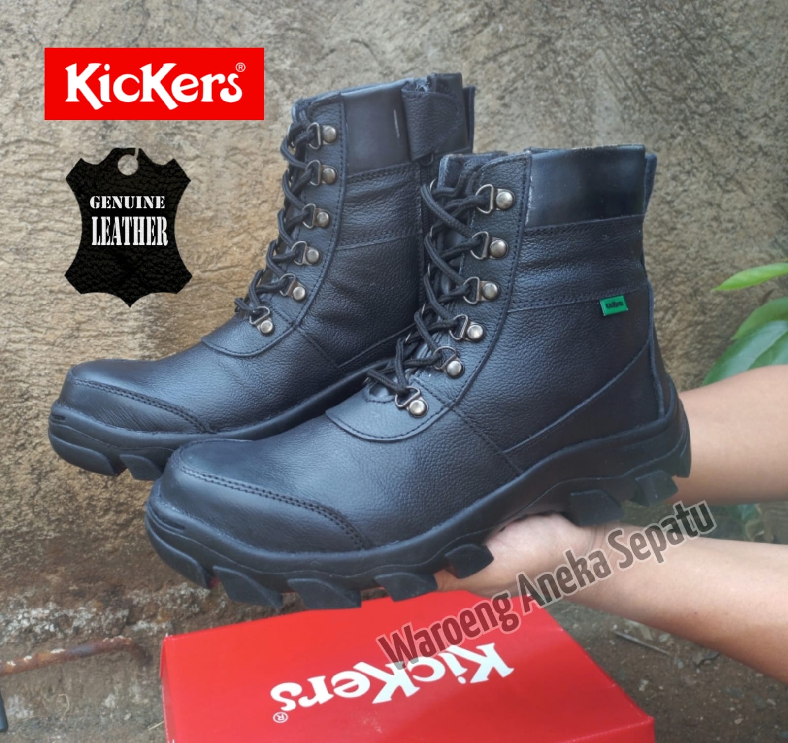 Sepatu Boots Kickers Pria Safety Kulit Resleting dan tali mengkilap ...