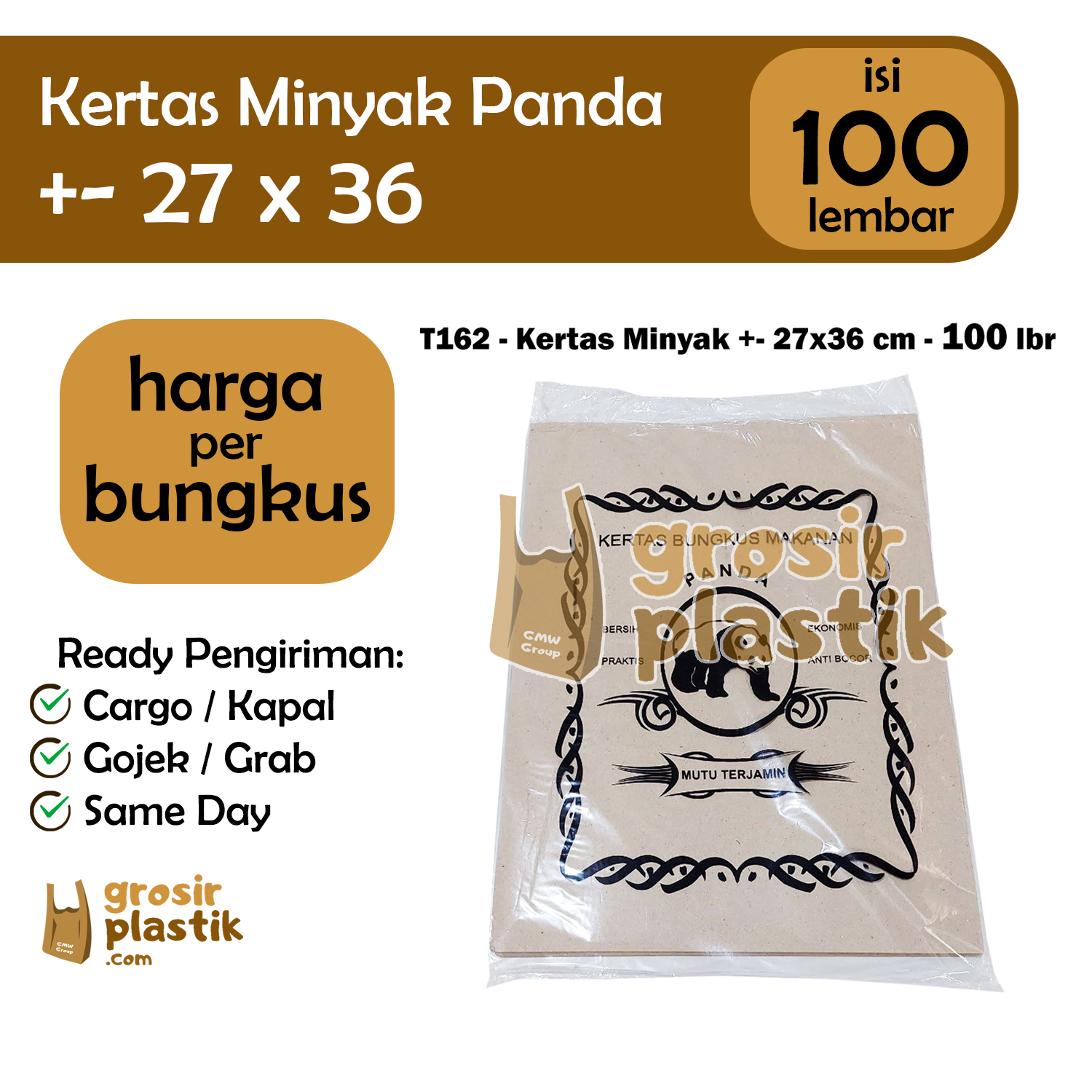 T162 Kertas Minyak isi 100 lbr +-27x36 cm Coklat Persegi Panjang Panda ...
