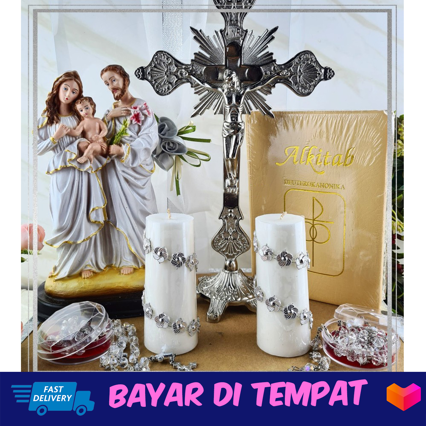Set Paket Persembahan Pernikahan Salib Patung Alkitab Rosario dan Lilin ...