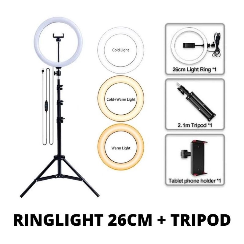 PAKET LAMPU RING LIGHT LED 26CM + TRIPOD 2 METER VLOG LIVE STREAMING ...