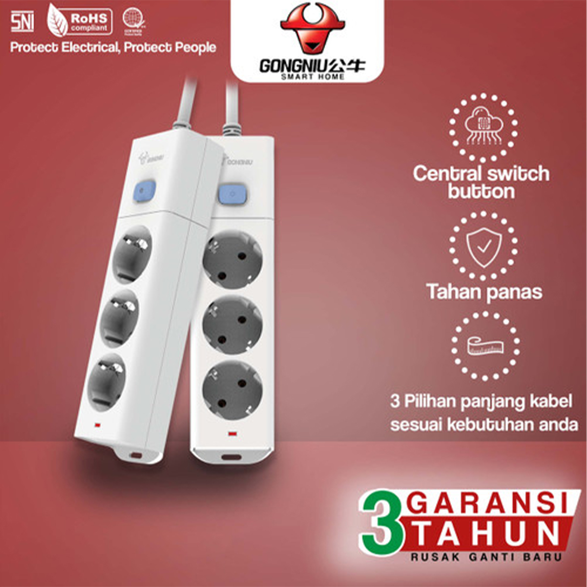 MB - Stop Kontak Colokan 3 Lubang Gongniu G1030 Power Strip Saklar ...
