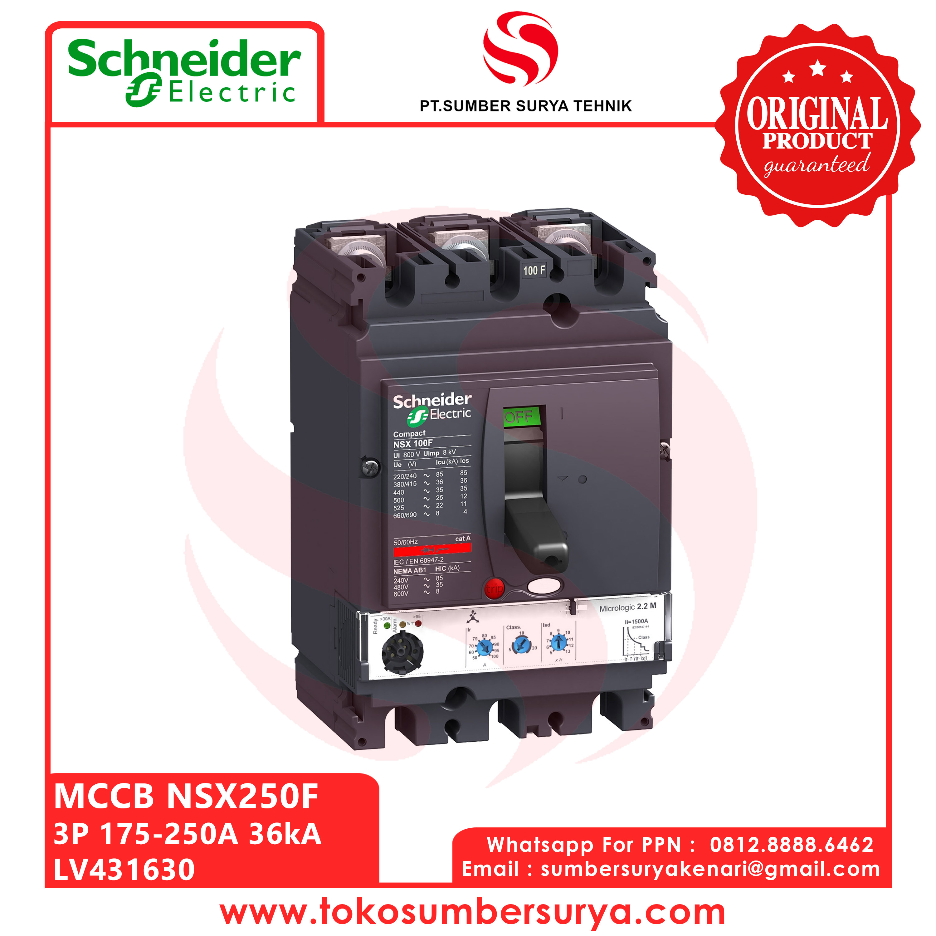MCCB NSX250F 3P 175-250A 36kA Saklar Listrik ON OFF LV431630 SNI Asli ...