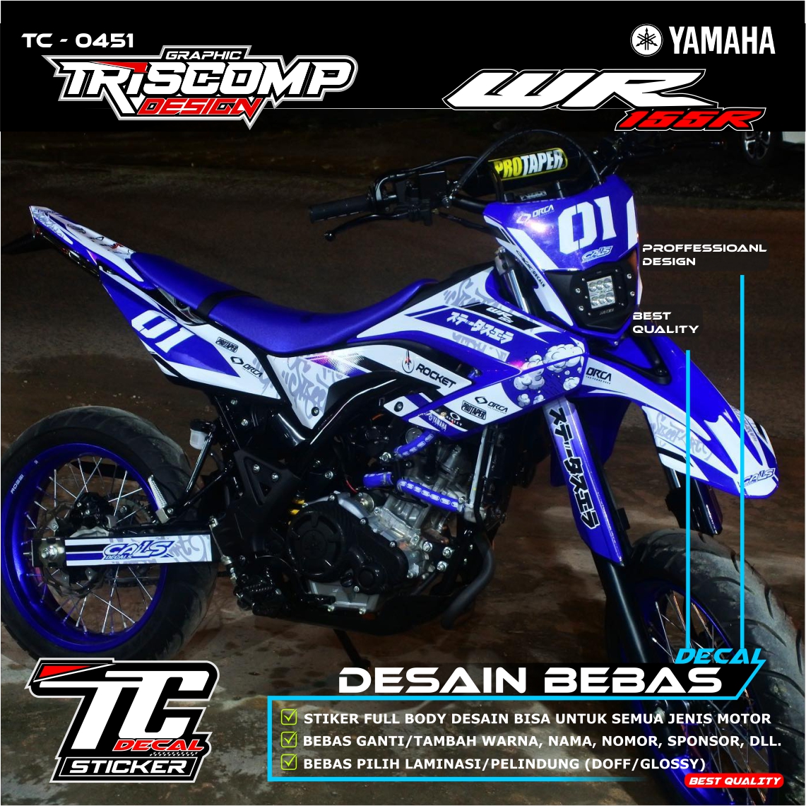 Stiker decal WR 155R sticker motor trail WR 155R warna biru putih motif ...