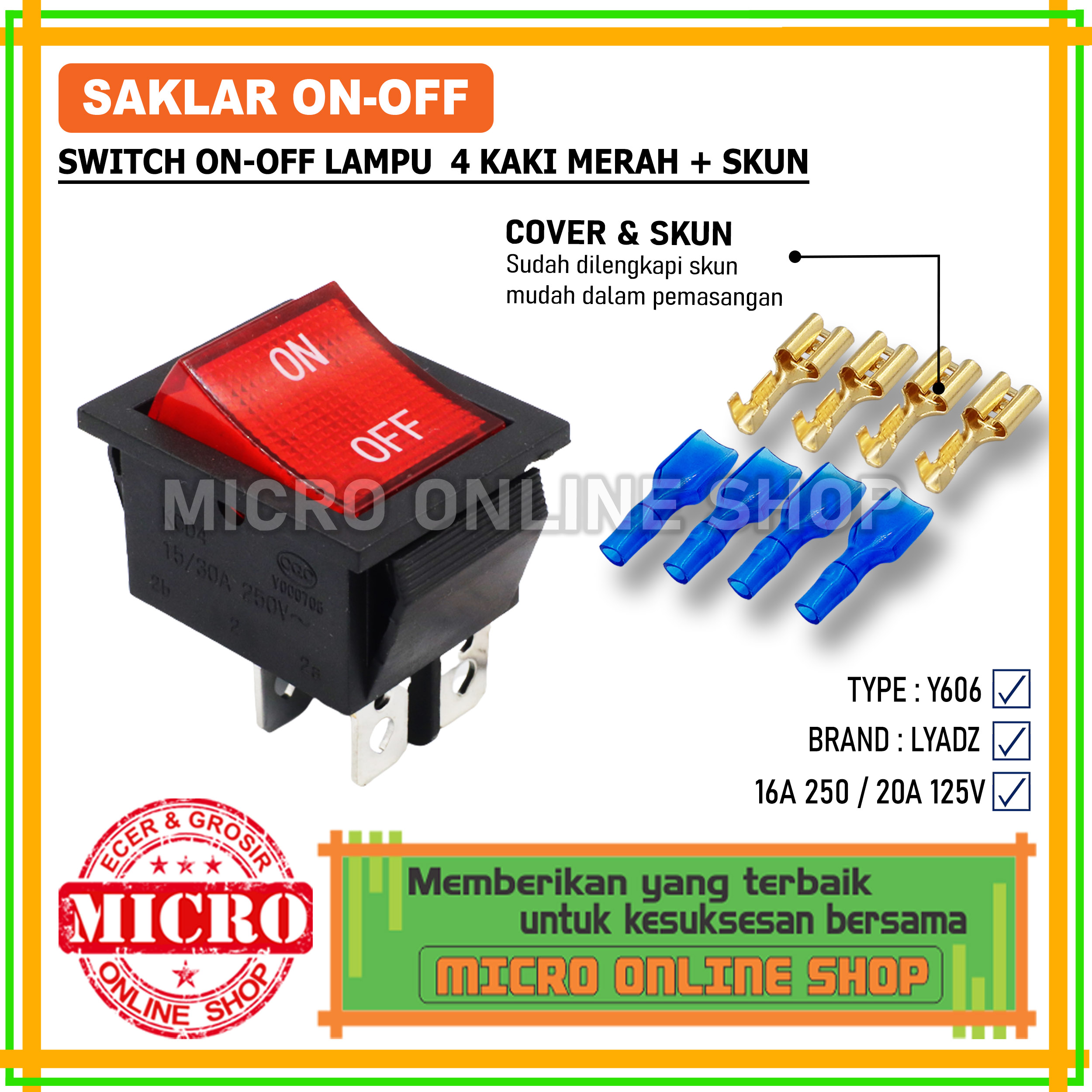 Saklar On-Off Lampu Merah 4 Kaki + Skun / Switch On-Off Lampu 4 Pin ...