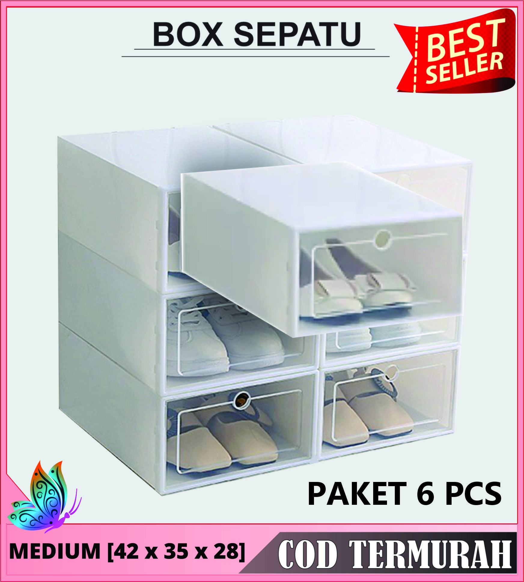 (COD TERMURAH)6 PCS Kotak Sepatu Lipat Transparan Tebal Shoes Storage ...