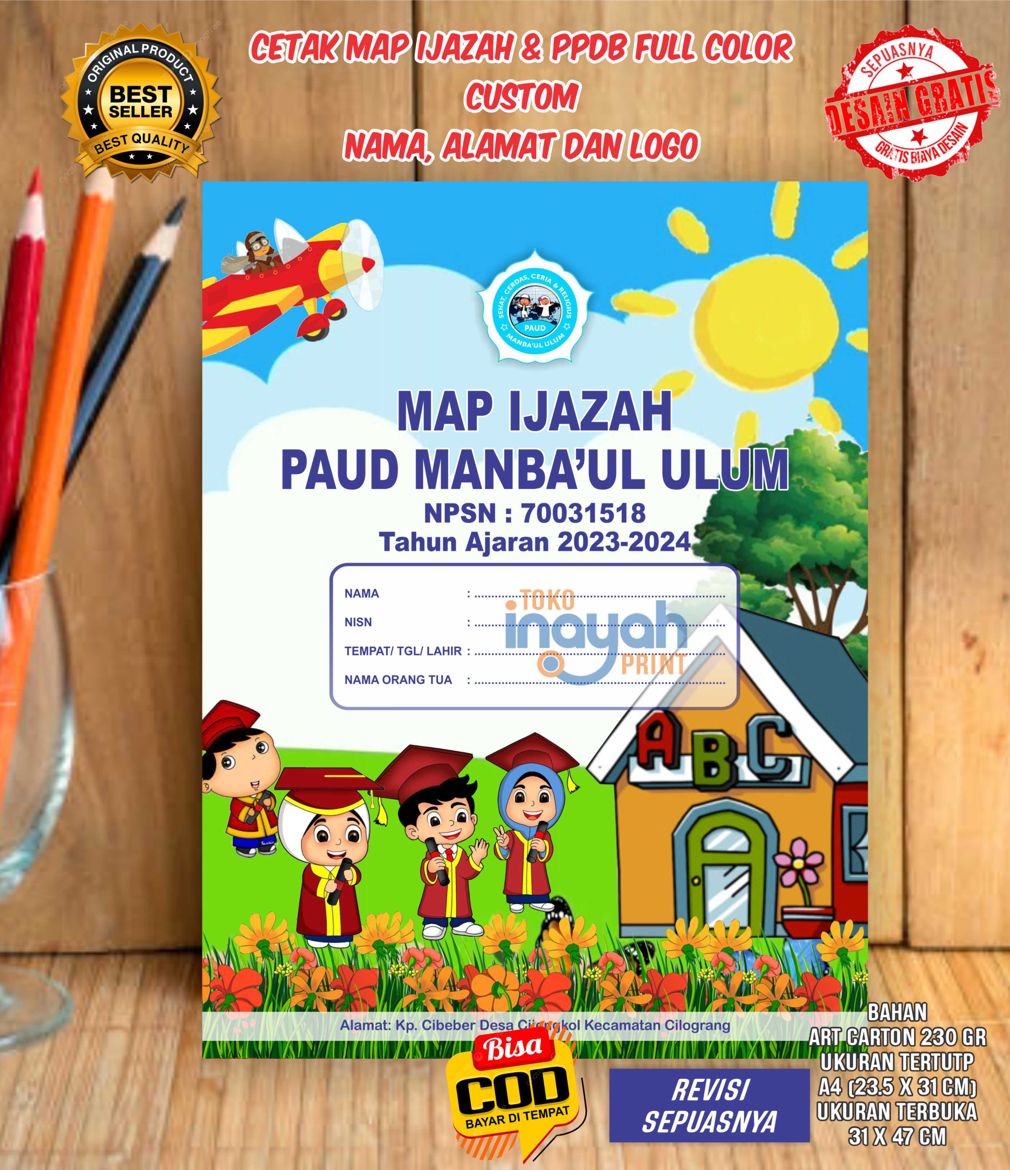 MAP PPDB/ IJAZAH TK/ PAUD/ MI/ SMP FULL COLOUR, CUSTOM NAMA ALAMAT DAN LOGO (untuk isi kertas A4 ...