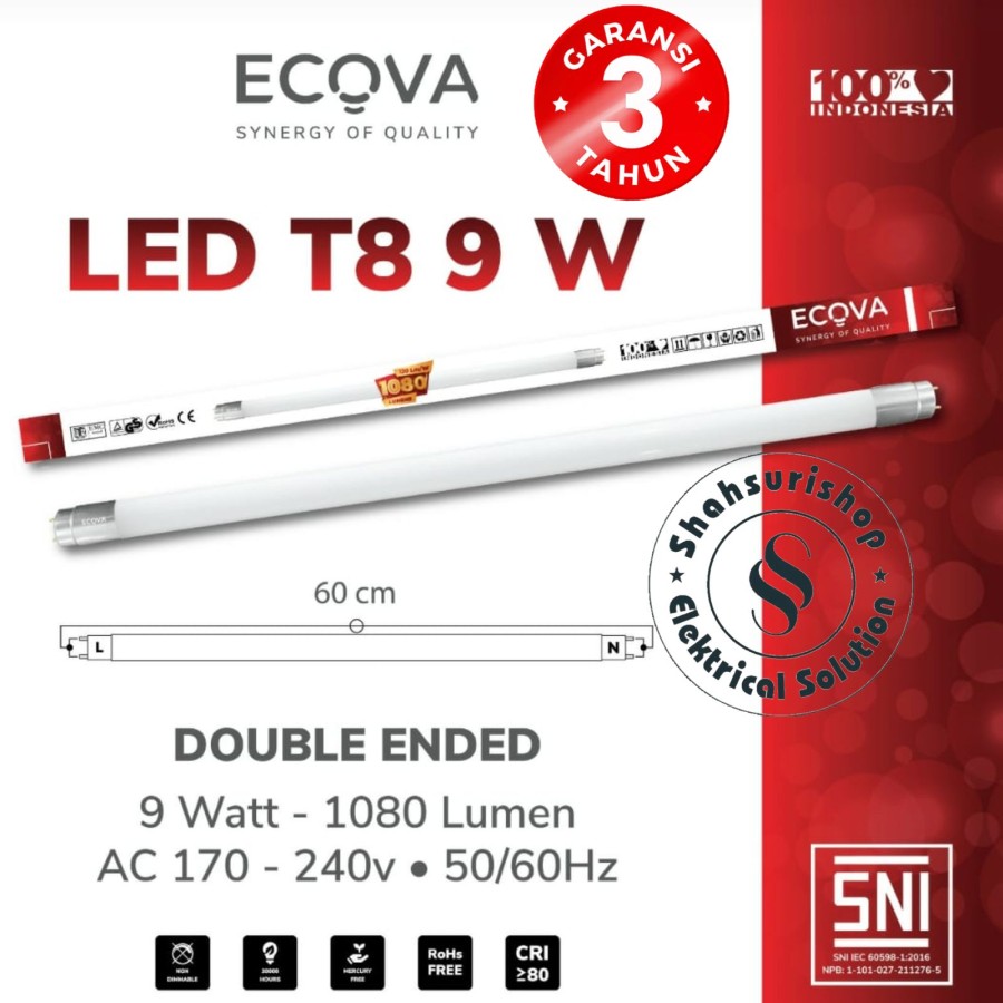ECOVA T8 LED LAMPU TL LED 9W 9 W WATT 60 CM BODY FITTING ALUMUNIUM ...