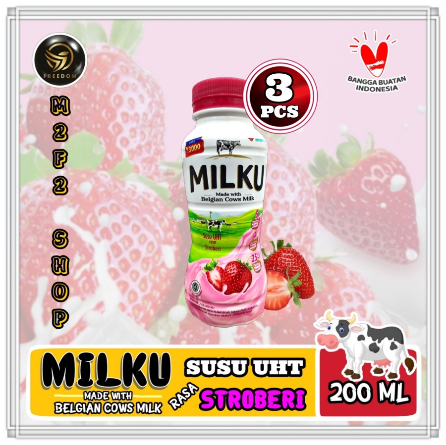 Susu MILKU Rasa Stroberi UHT Botol Plastik Pet - 200 ml (Kemasan 3 Pcs ...