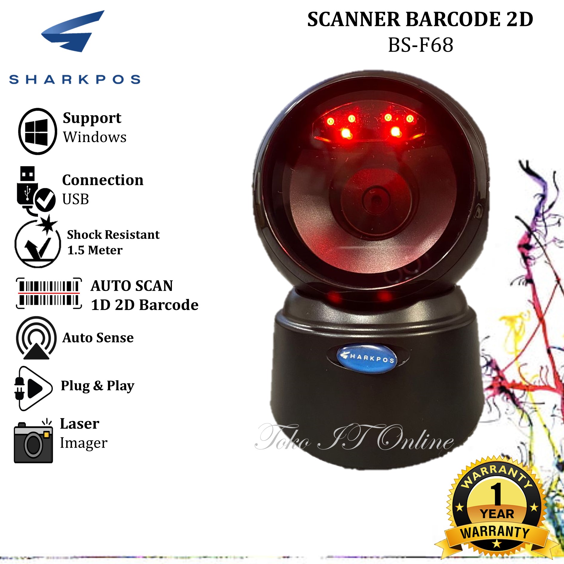 BARCODE SCANNER 2D SHARKPOS F 68 QR CODE USB AUTOSCAN BS-F68 | Lazada ...