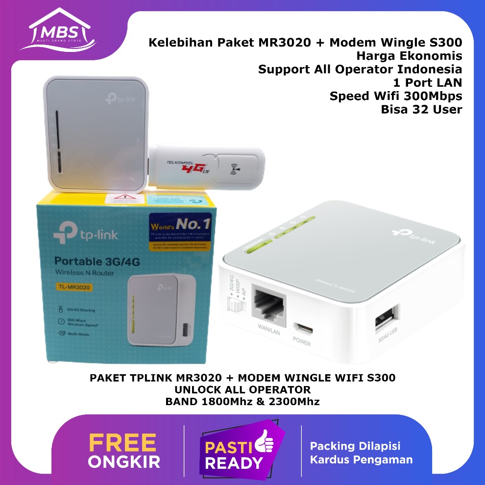 Paket Router TPLINK MR3020 + Modem Wifi 4G LTE S300 Unlock All Operator ...