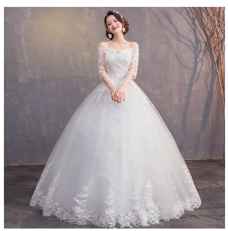 Gaun Pengantin Ball Gown Off Shoulder Half Sleeve Gaun Pengantin Lace ...