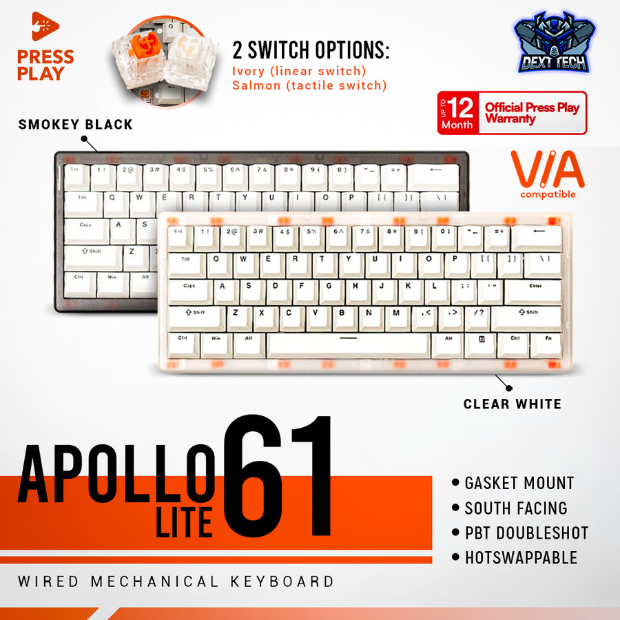Press Play APOLLO61 / APOLLO 61 Lite 60% RGB Hotswappable Gasket Wired ...