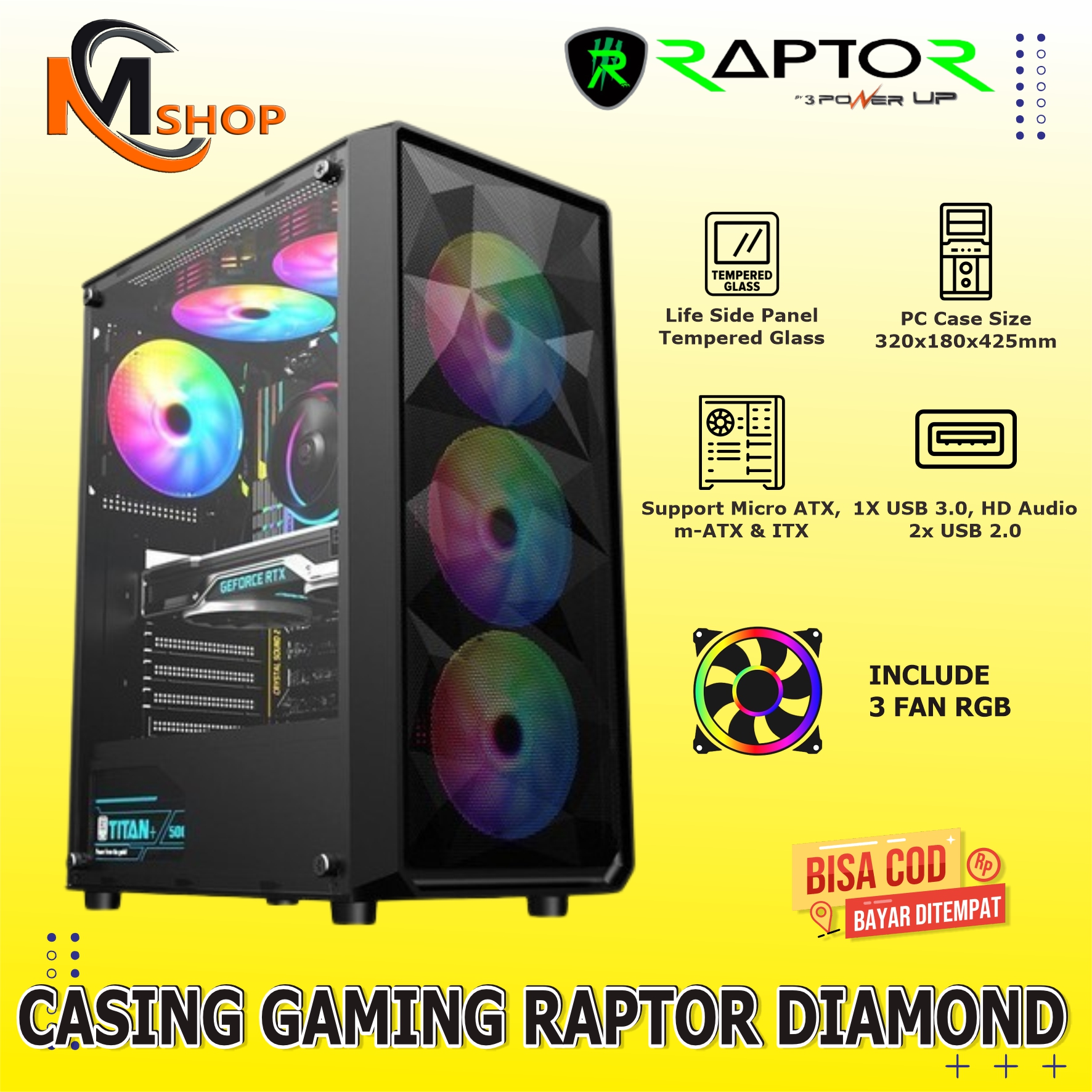 Casing PC / PC Case Komputer Gaming Raptor Diamond With 3 RGB Fan ...