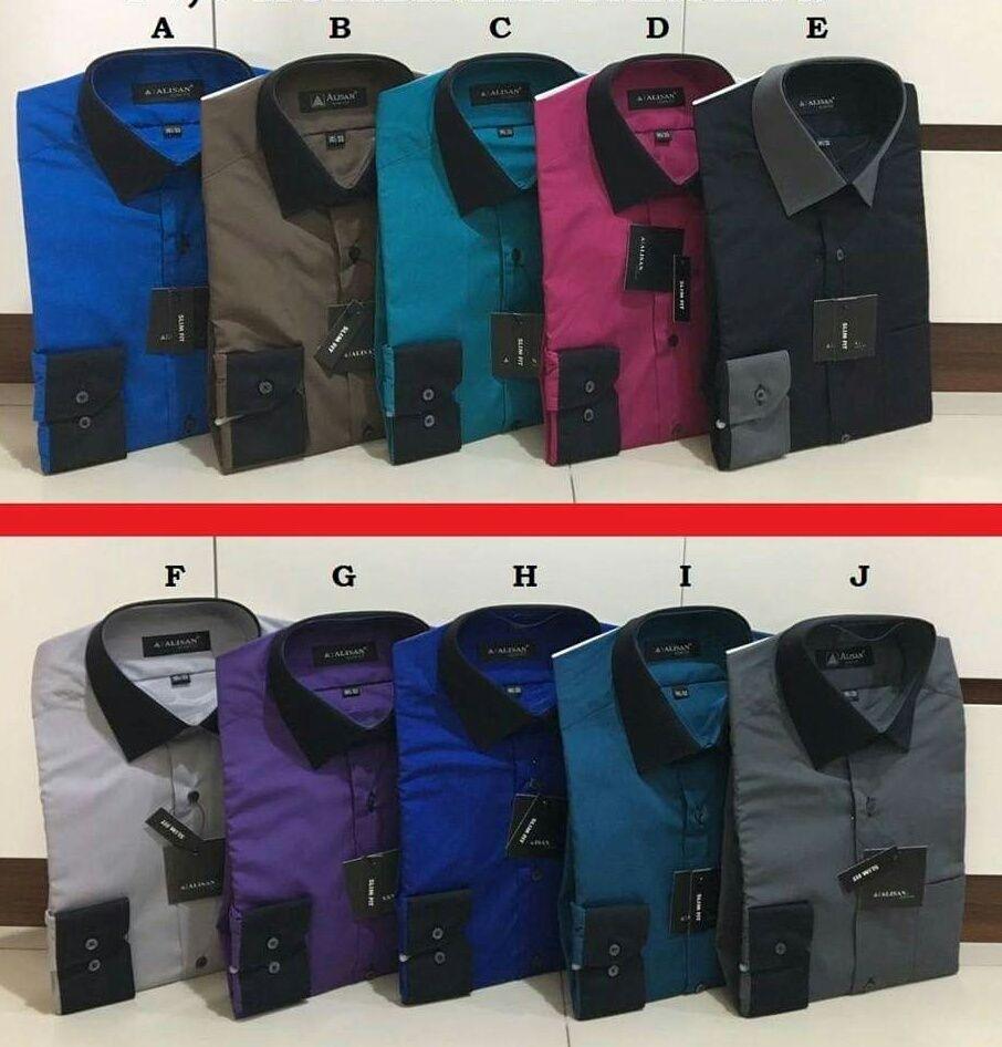 Kemeja Alisan Polos Kombinasi Kerah Hitam | Lazada Indonesia