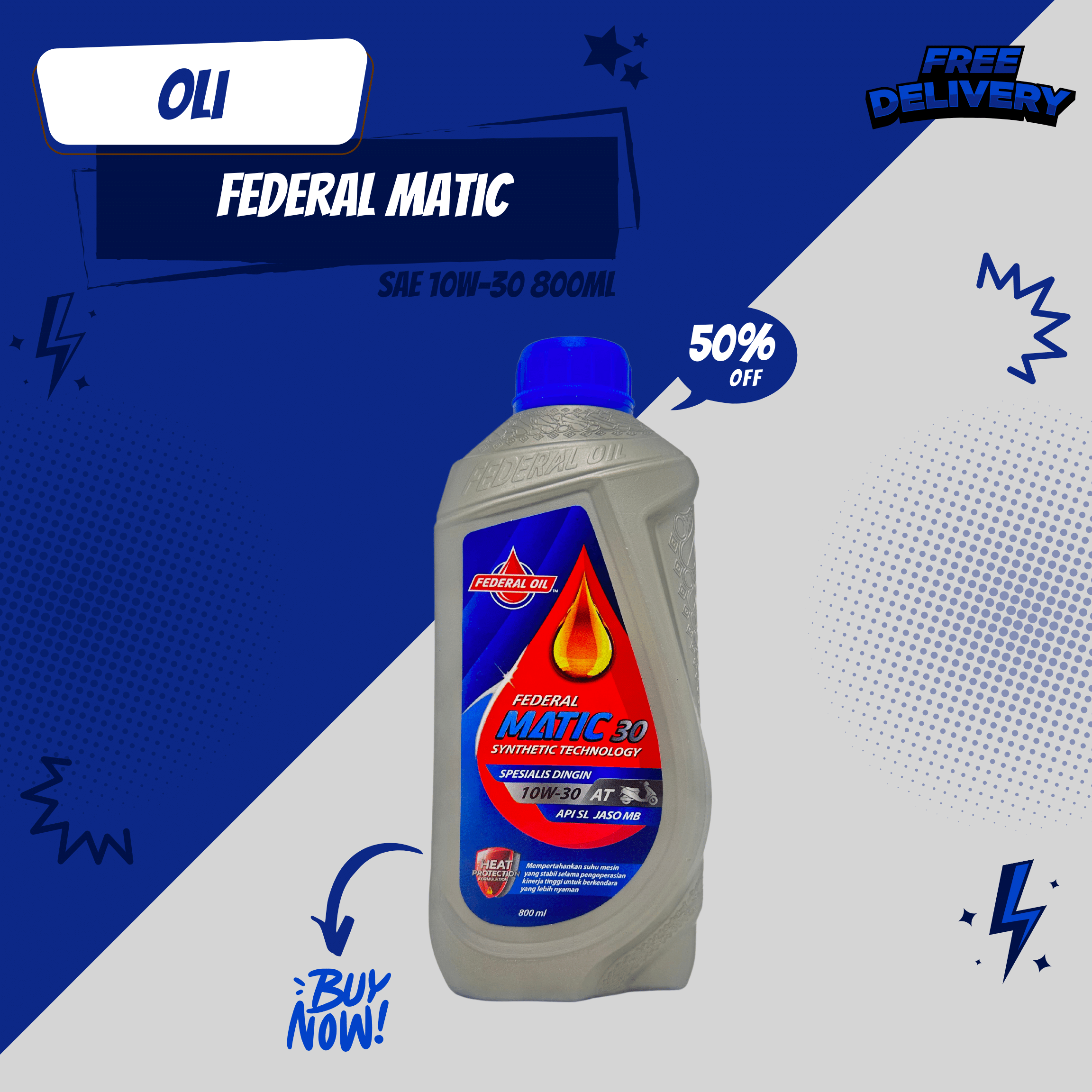 Oli Motor Federal Matic 10W-30 800ml Federal Matic Oil 0.8L | Lazada ...