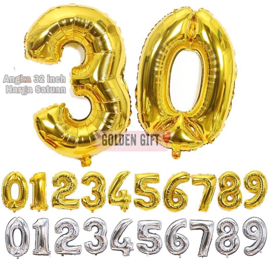 Balon angka 0-9 warna Large 32 inch silver gold ballon number min beli ...