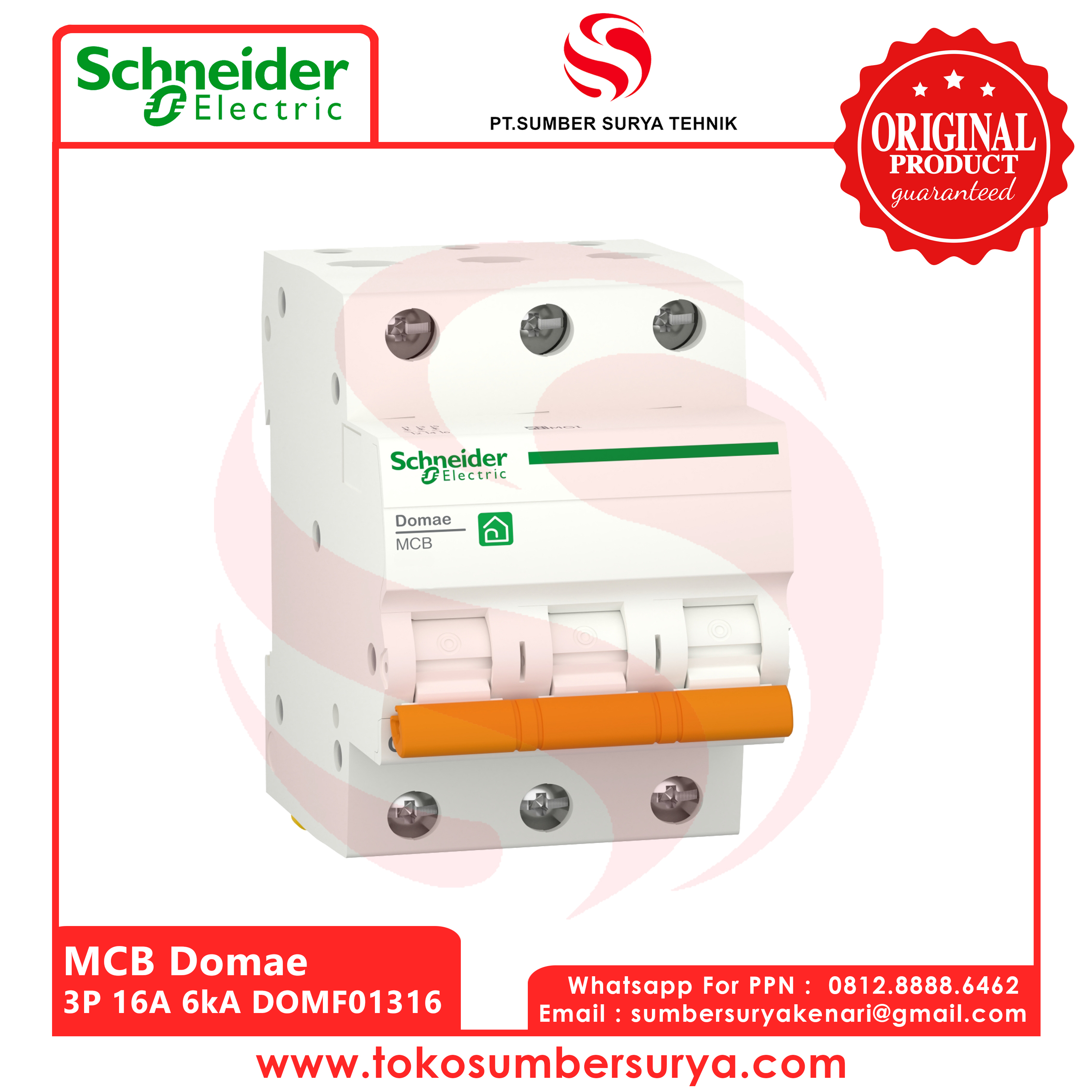 MCB Mini Circuit Breaker Domae 3P 16A 6kA Saklar Listrik ON OFF DOMF01316 SNI Asli Ori Schneider ...