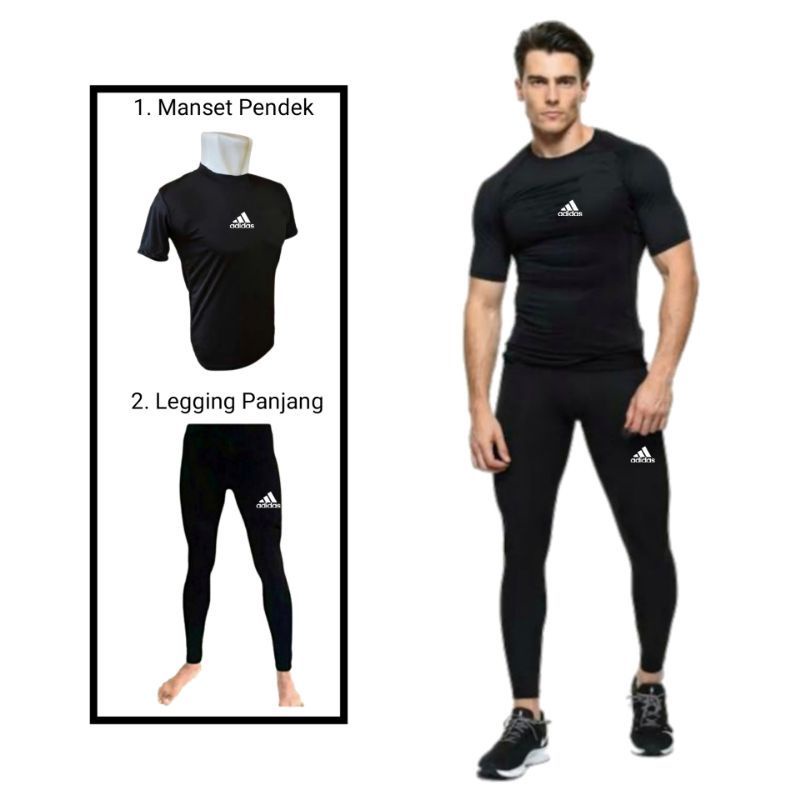 FULL SET 2 IN 1 MANSET TANGAN PENDEK DAN LEGGING PANJANG OLAHRAGA PRIA ...