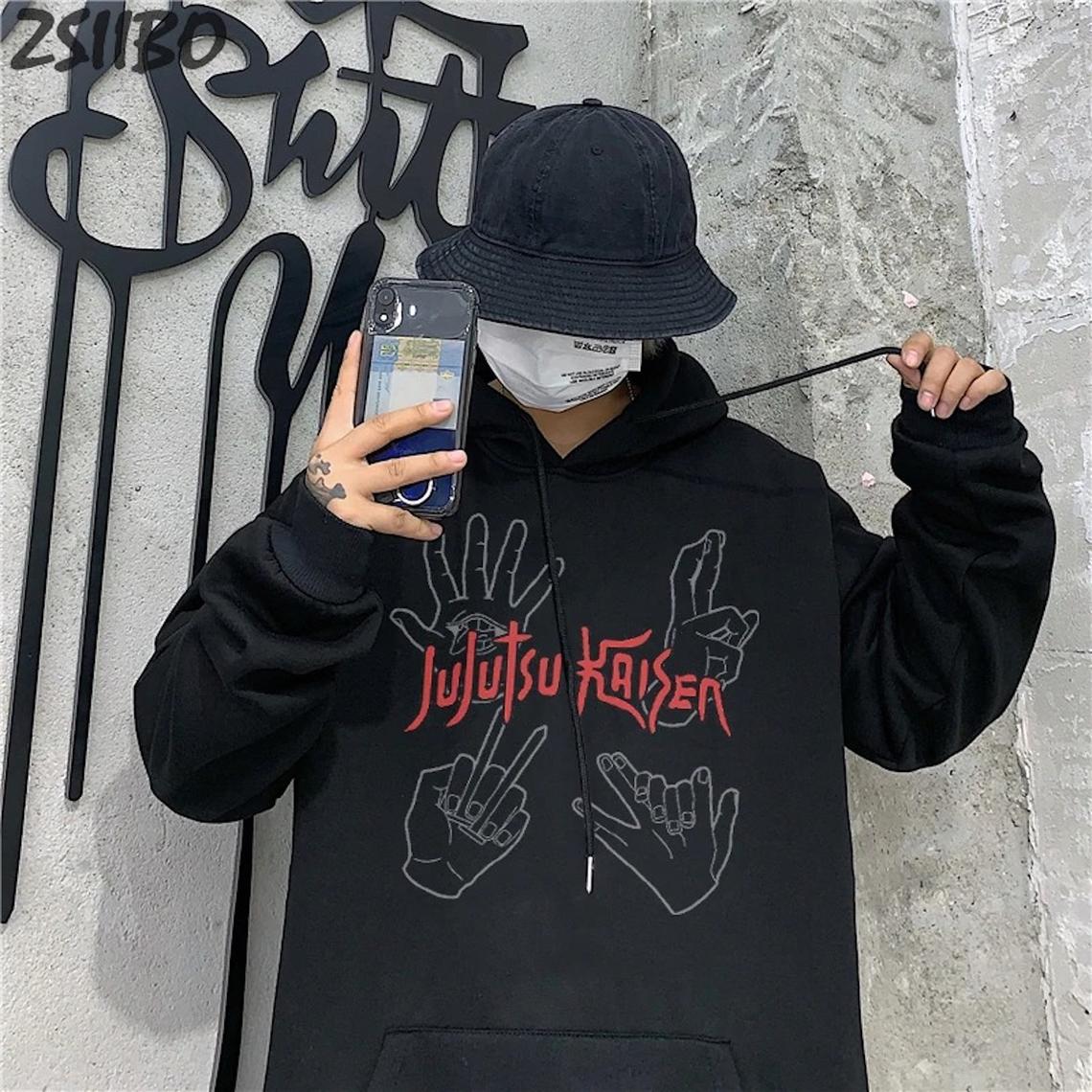 Hoodie Jujutsu Kaisen Sukuna Finger Cursed Line art Black Color Premium ...
