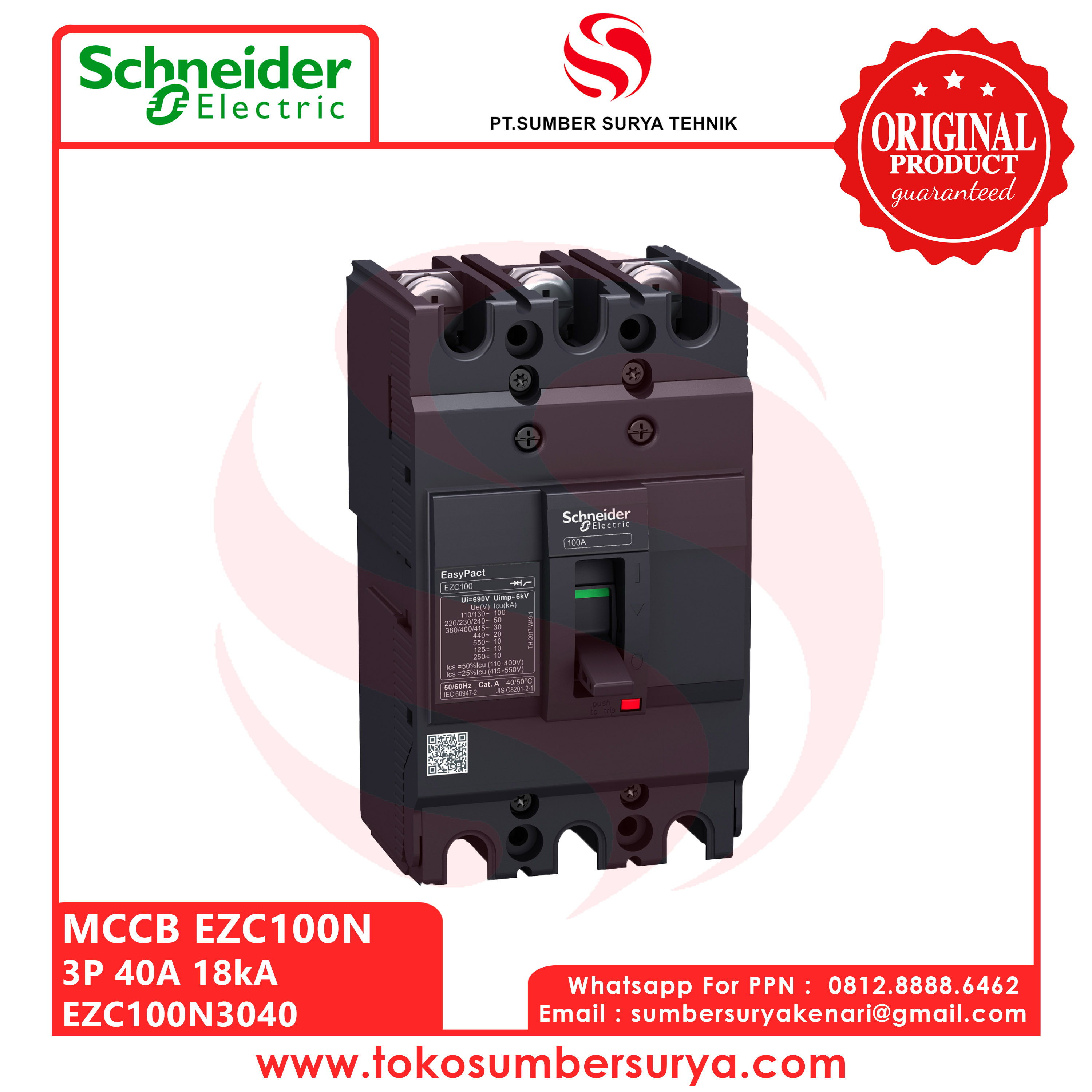 MCCB EZC100N 3P 40A 18kA Saklar Listrik ON OFF EZC100N3040 SNI Asli Ori EasyPact Schneider ...