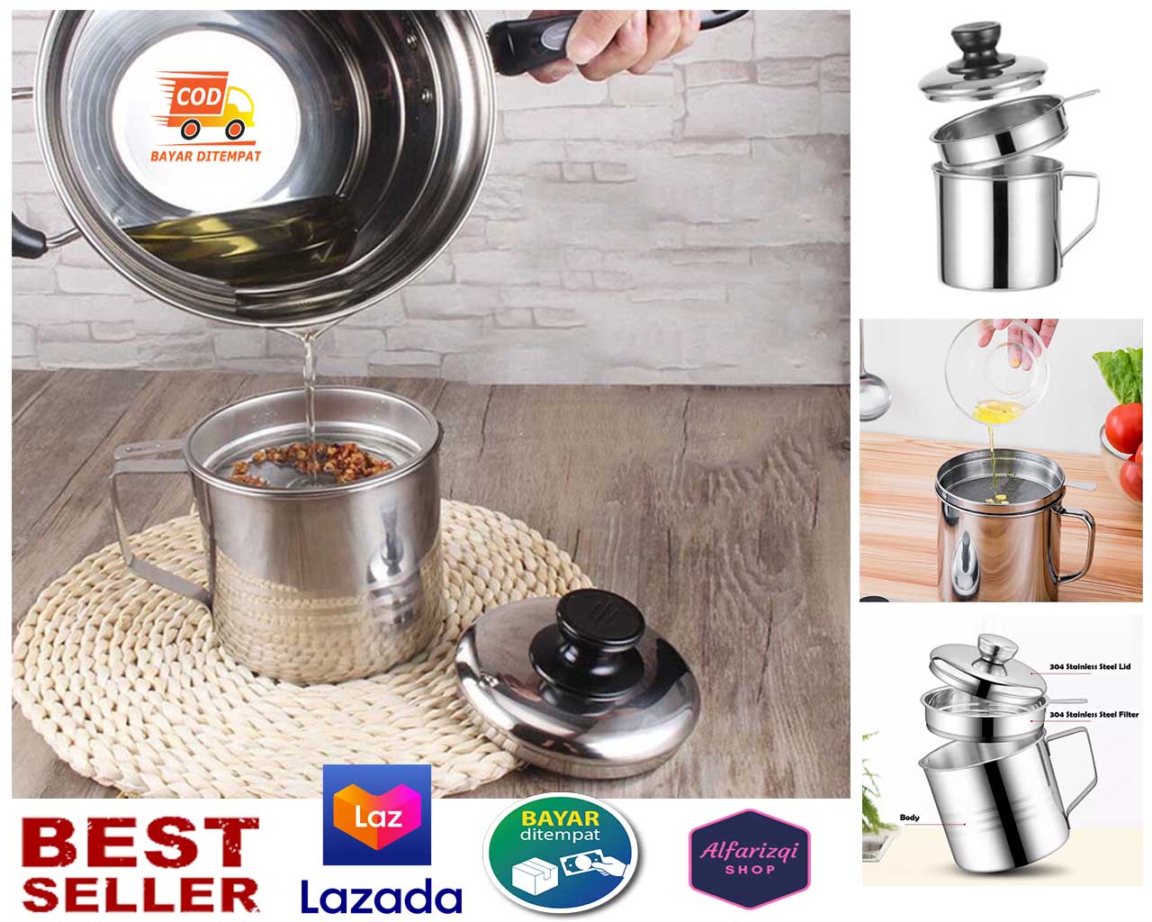 Oil Pot Stainless 12cm 1.2 Liter Saringan & Tempat Simpan Minyak ...