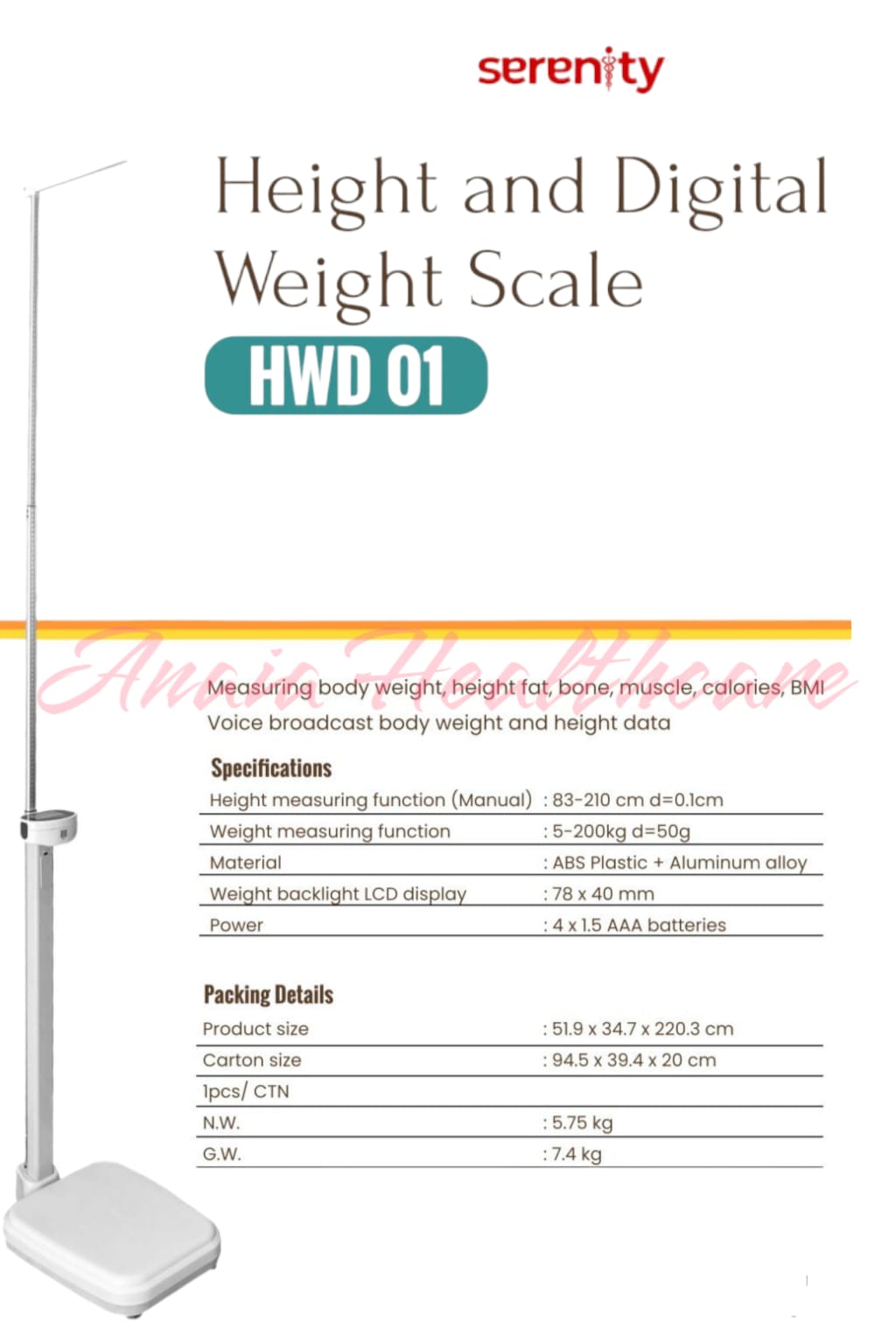 Stadiometer Plus Timbangan Serenity HWD-01 Pengukur Tinggi Badan ...