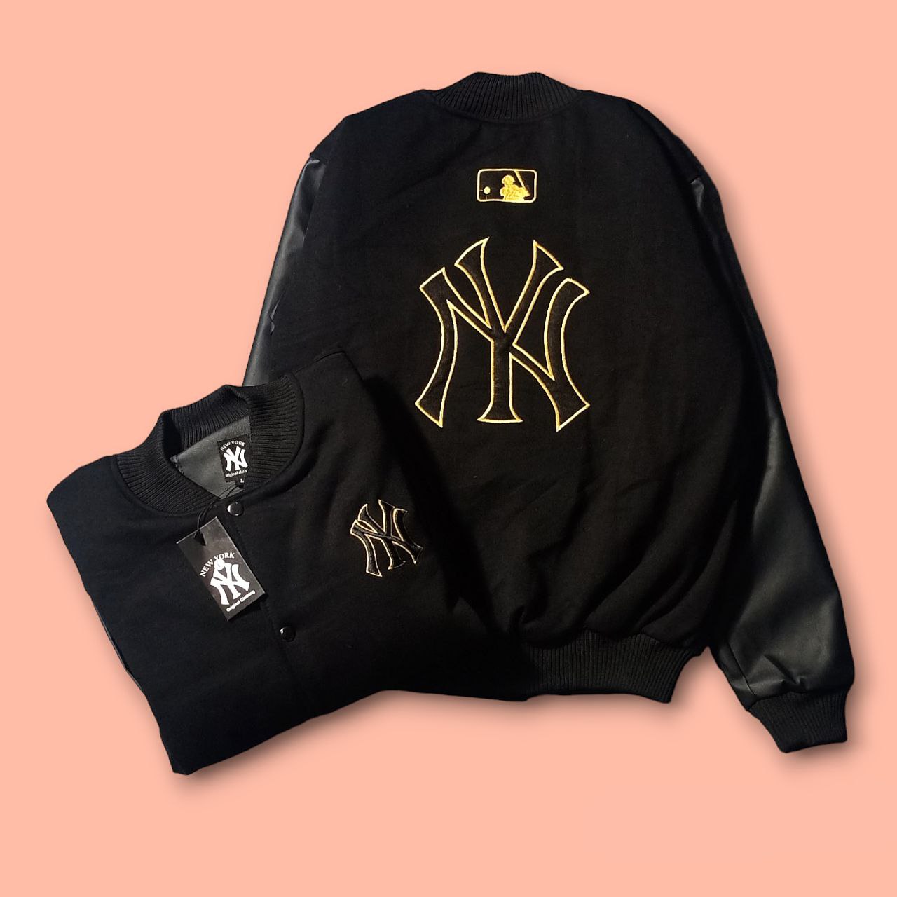 Varsity MLB Hitam - Jaket Bomber VArsity MLB NY Hitam LOgo Gold Unisex ...