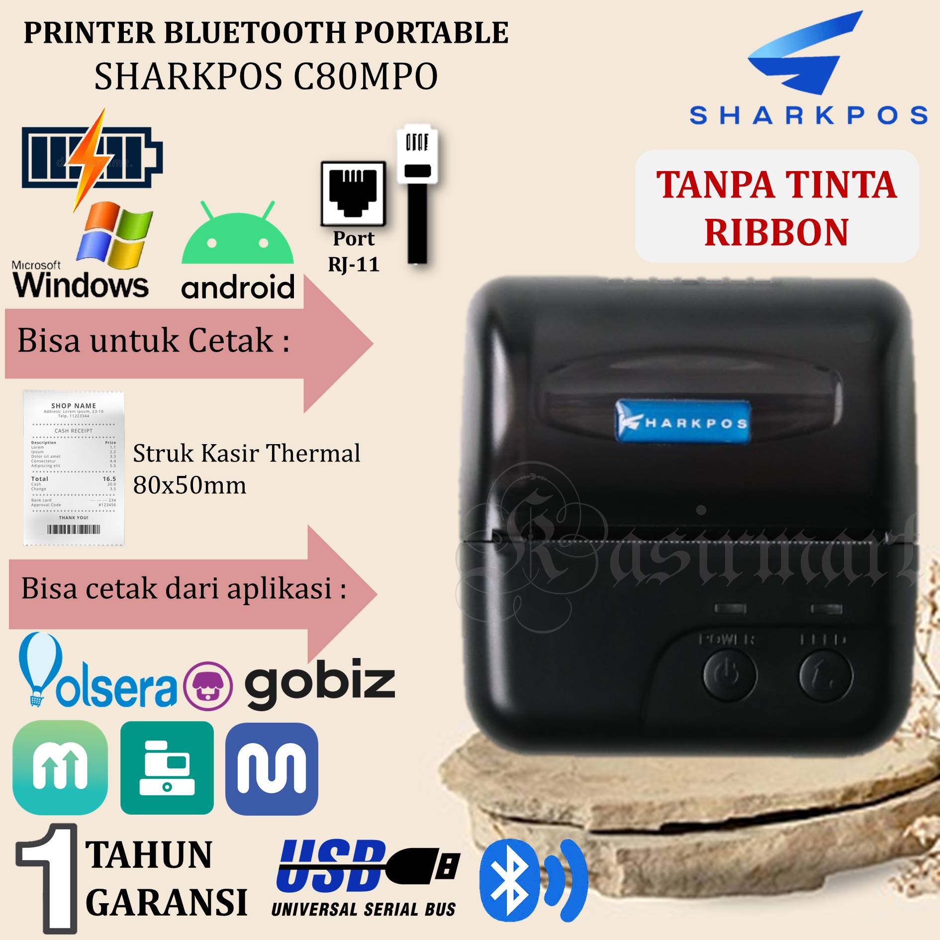 Sharkpos C80MPO Printer Thermal Bluetooth 80mm Portable Baterai RPP02N ...