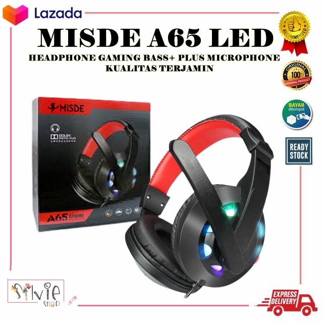HEADPHONE HEADSET GAMING MISDE A65 LED PLUS MICROPHONE SUARA BAS+ COCOK ...