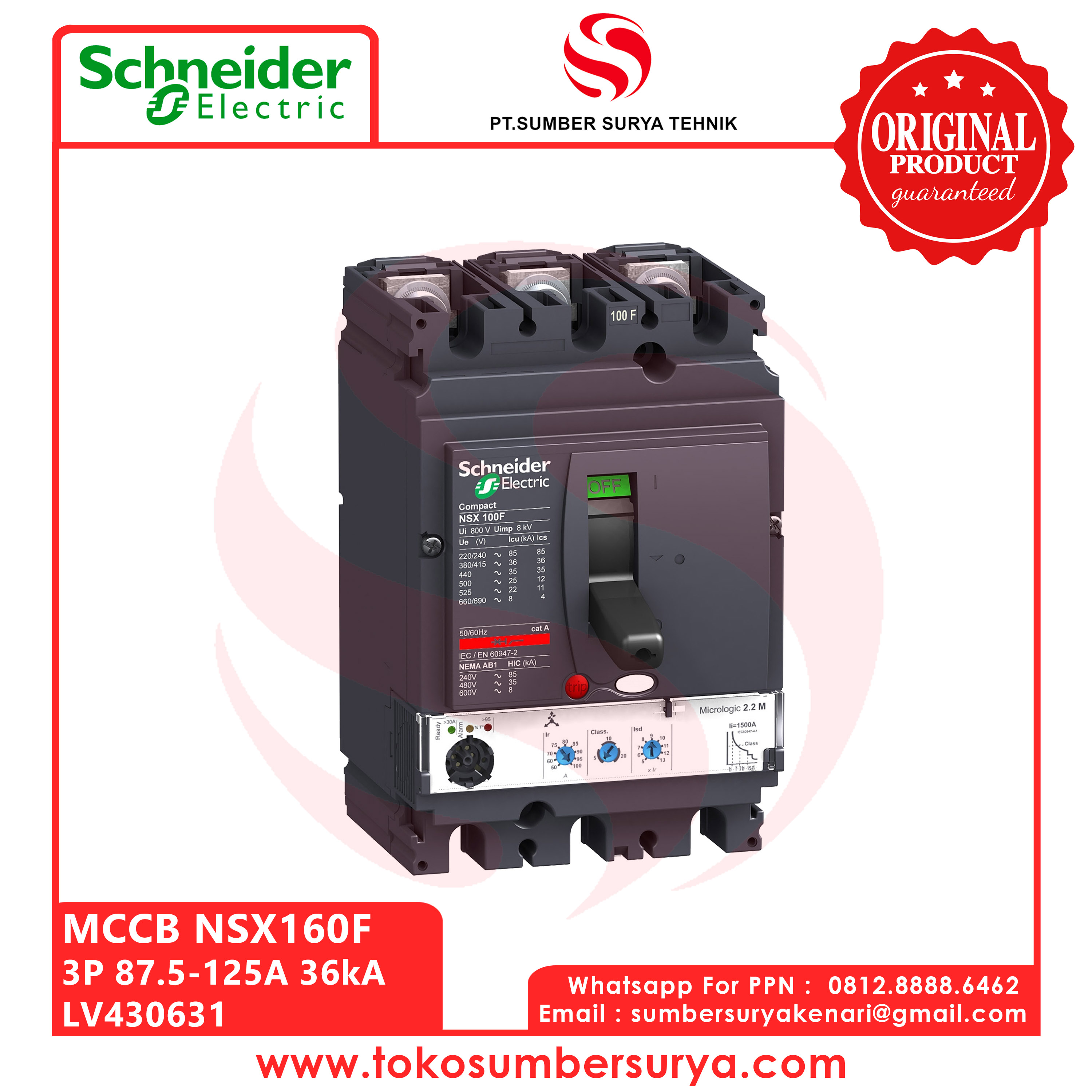 MCCB NSX160F 3P 87.5-125A 36kA Saklar Listrik ON OFF LV430631 SNI Asli ...